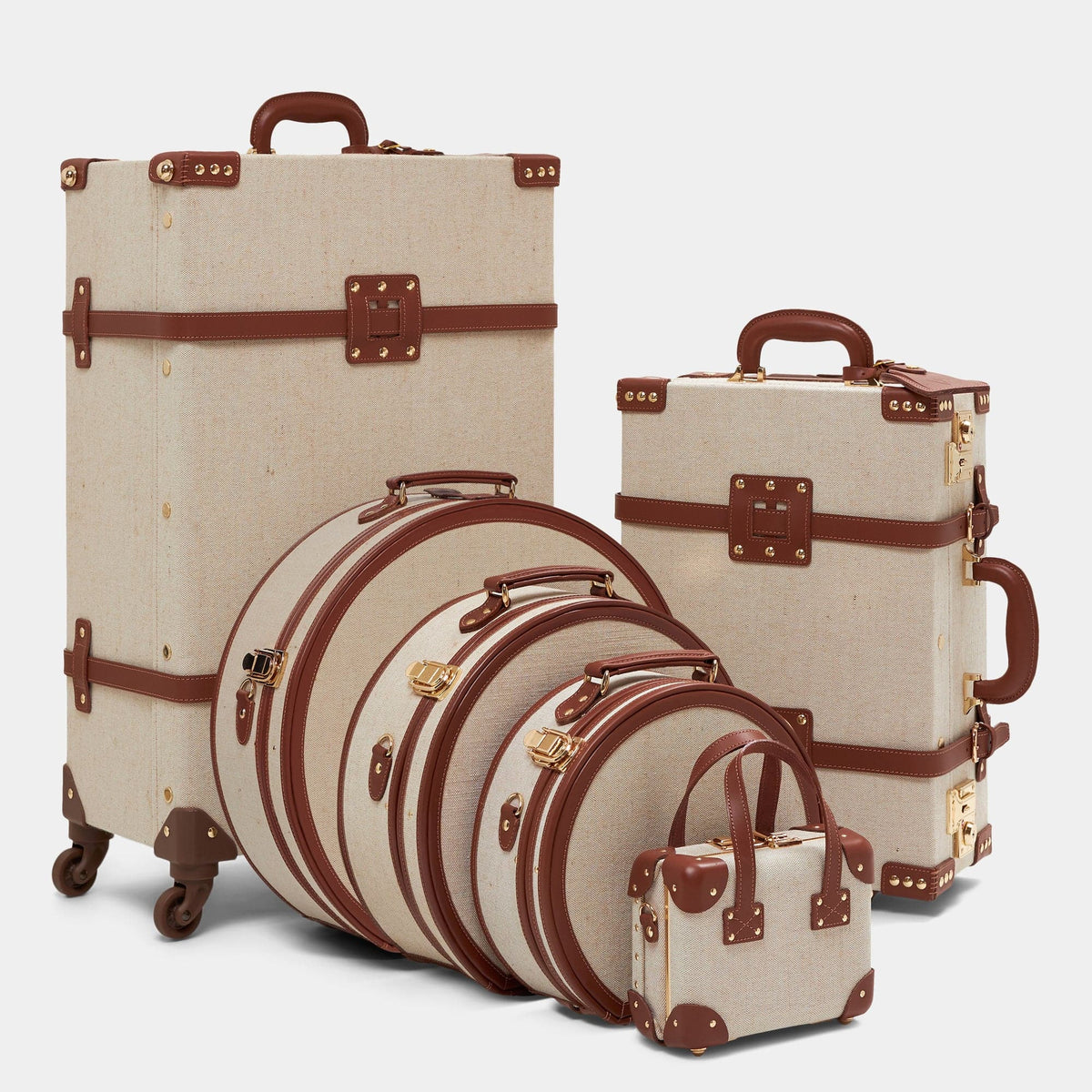 The Brown Small Editor Hatbox | Linen Vintage Hat Box Luggage Cases