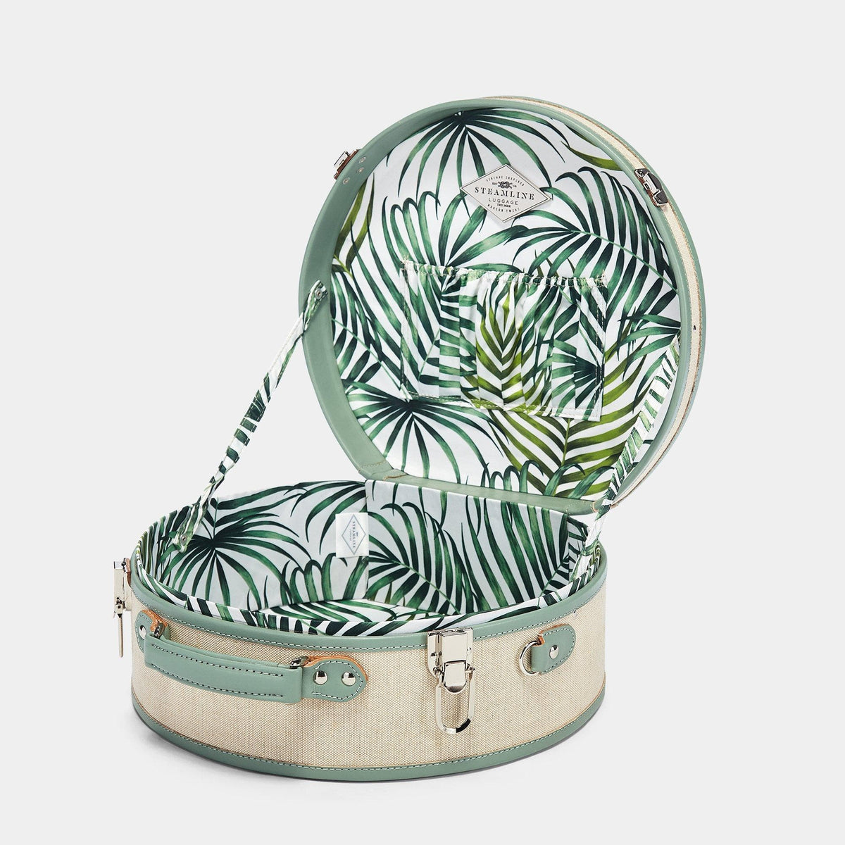 The Large Sea Green Editor Hatbox | Linen Old Style Hat Box Luggage
