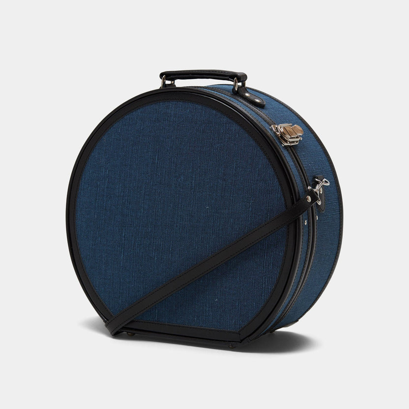 The Large Navy Editor Hatbox | Luxury Linen Old Style Hat Box Luggage