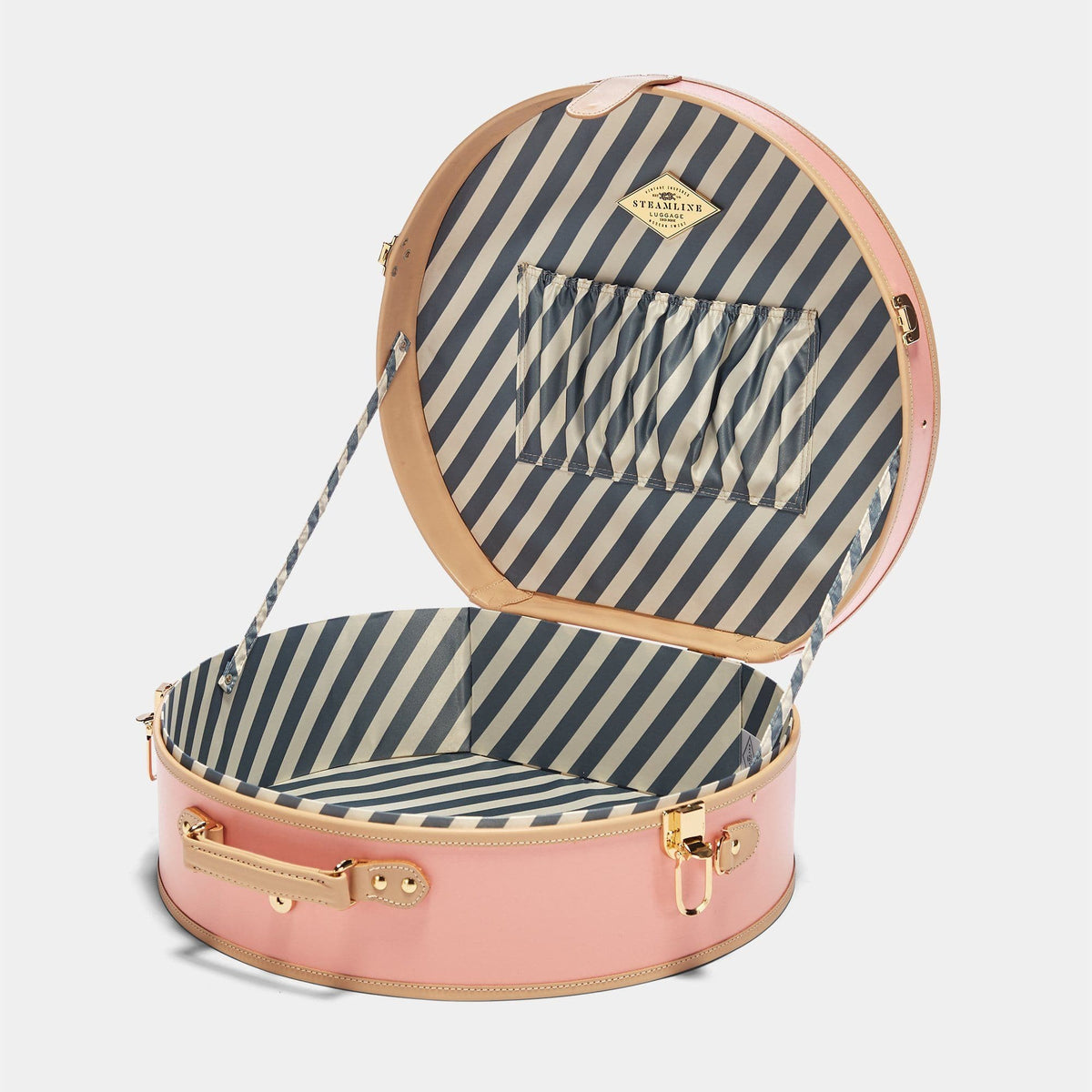 The Correspondent Hatbox Deluxe | Pink Round Suitcase Hat Box Luggage